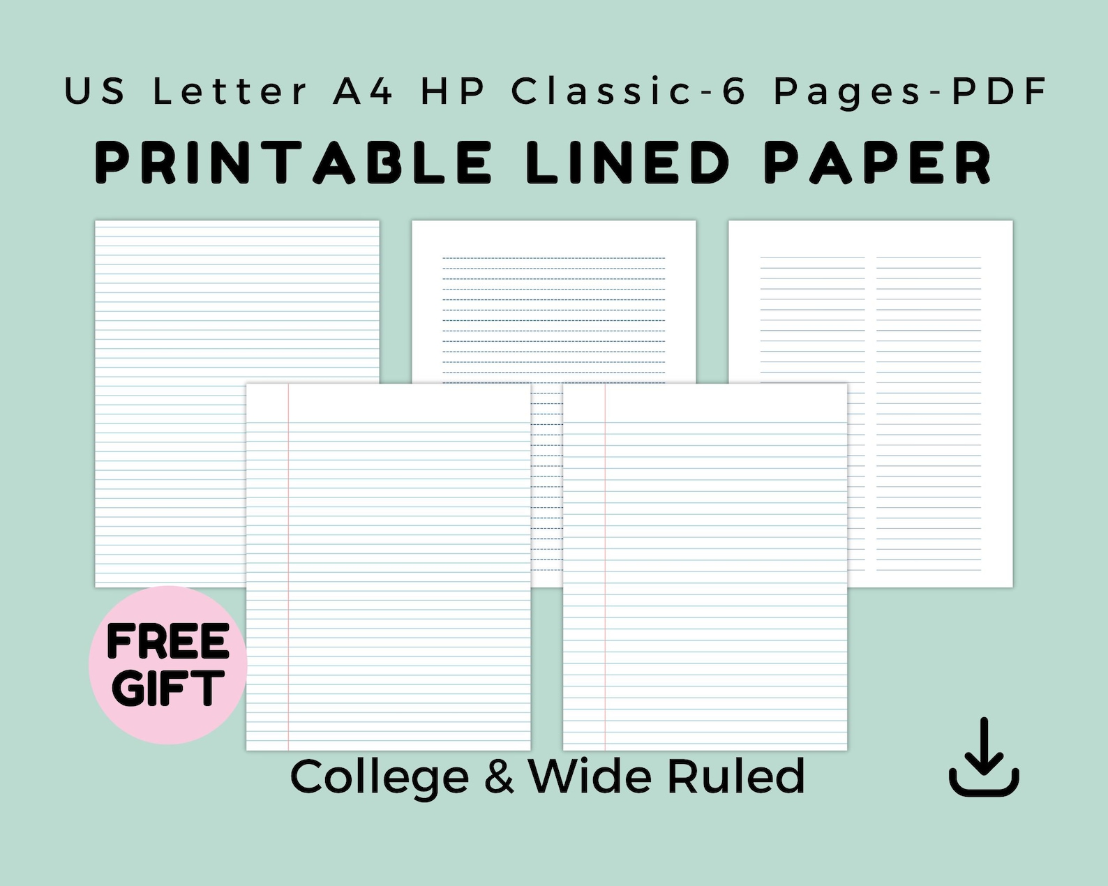 Lined Writing Paper, College and Wide Ruled Pages, Digital PDF, US ...