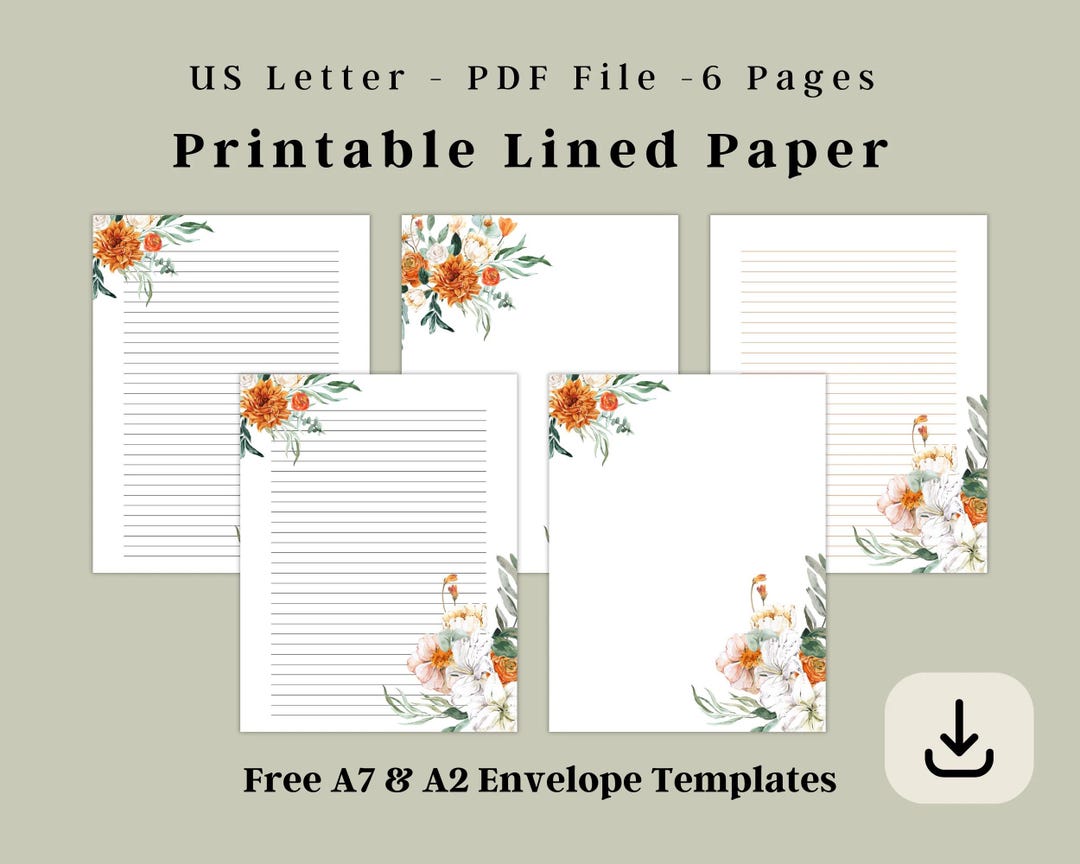 Floral Letter Writing Paper Printable, Stationery Set With Lined and ...
