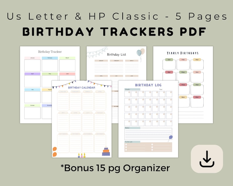 Birthday Tracker, Calendar Log, Planner Insert, Digital PDF File, US ...