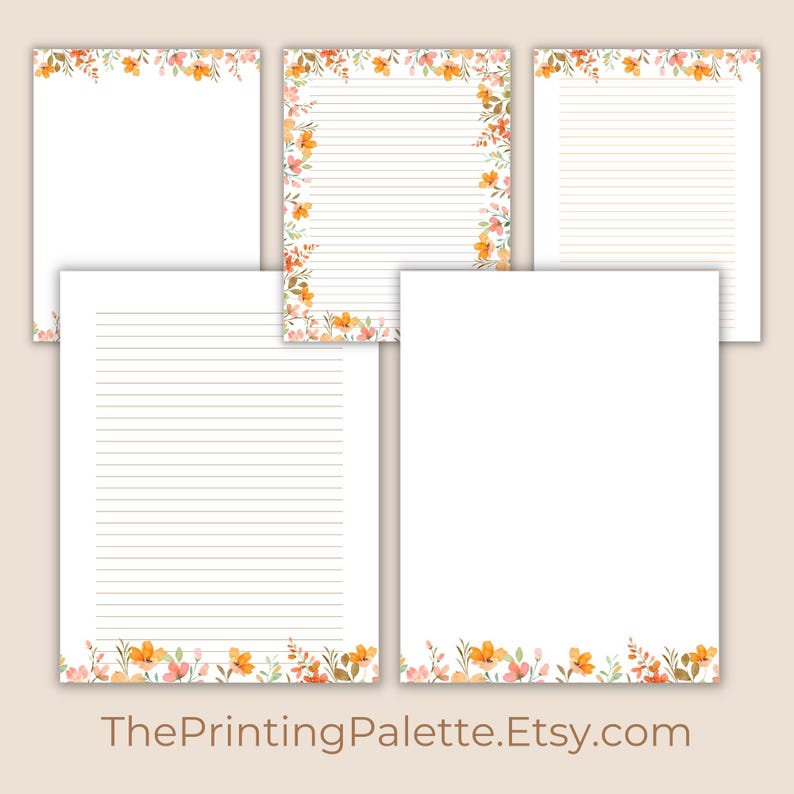 Floral Writing Paper Set, Printable Lined & Unlined Stationery, Digital ...