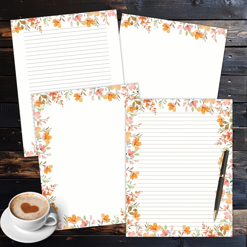 Floral Writing Paper Set, Printable Lined & Unlined Stationery, Digital ...