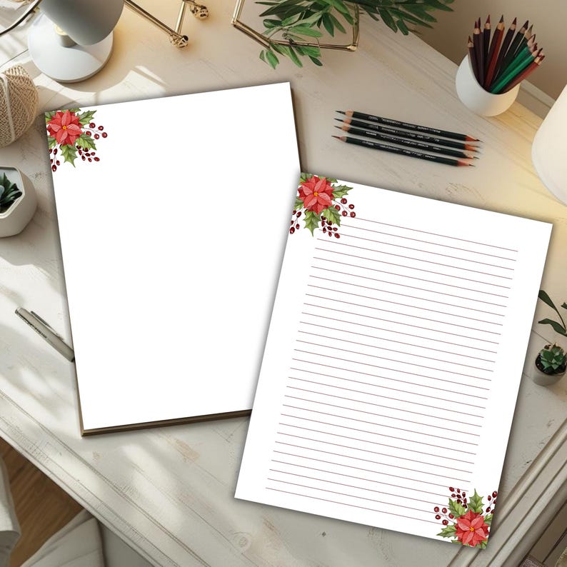 Poinsettia Writing Paper Set, Christmas Stationery, Digital PDF File ...