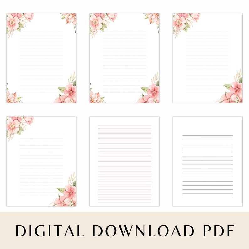 Floral Writing Paper, Lined & Unlined, Digital PDF, US Letter A4 A5 HP ...