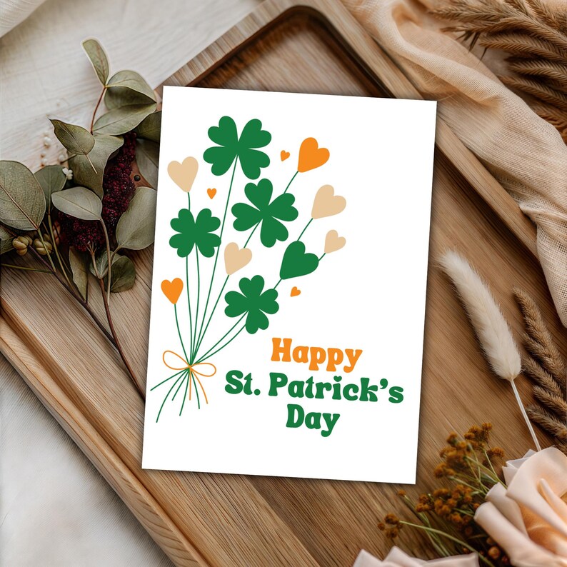 St Patrick’s Day Card, Shamrock Greeting, Clover Hearts Design, Digital ...