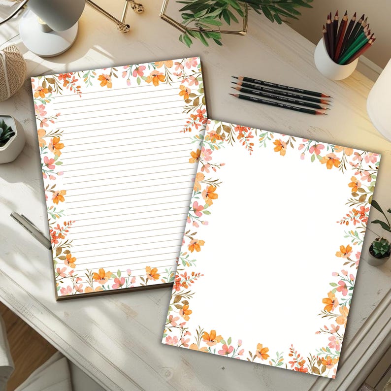 Floral Writing Paper Set, Printable Lined & Unlined Stationery, Digital ...