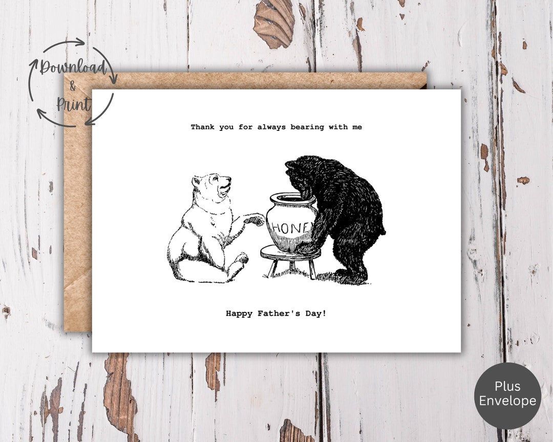 Fathers Day Bear Card, Printable Father's Day Card for Him, Digital ...