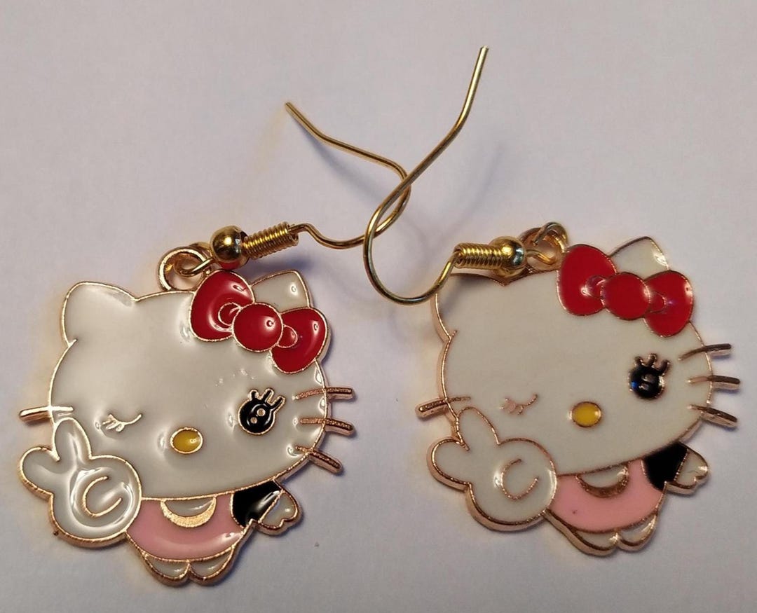 Hello Kitty Earrings: Peace Sign, Red Bow, Fishhook Wires - Etsy