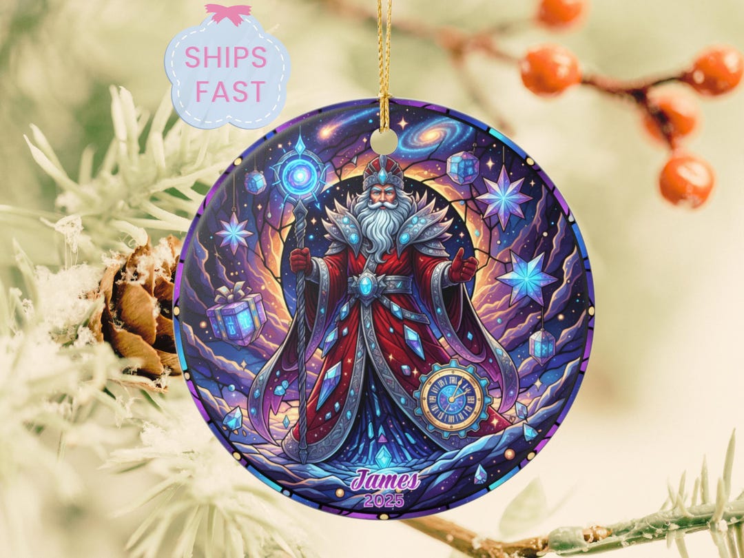 Cosmic Santa Stained Glass Ornament, Whimsical Santa Surrounded by ...