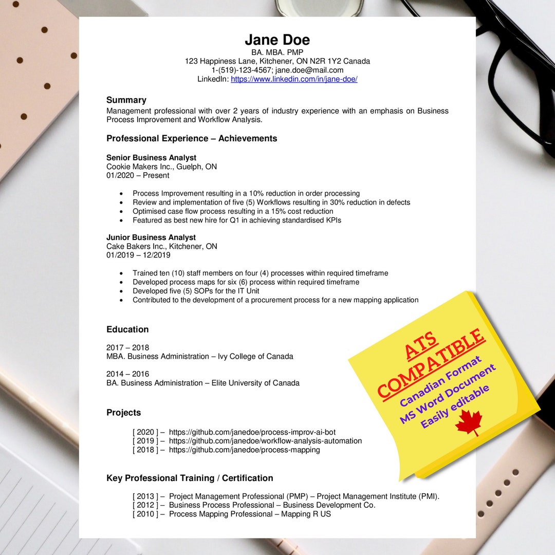 Resume ATS Friendly Canadian Format (1 Page) - Etsy
