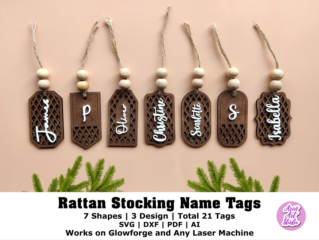 Rattan Stocking Name Tags SVG Laser Cut File, 7 Different Shapes and 3 ...