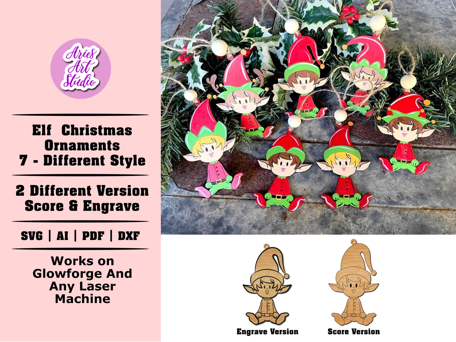 Christmas Elf Ornaments Laser Cut File, 7 Different Designs Each With ...