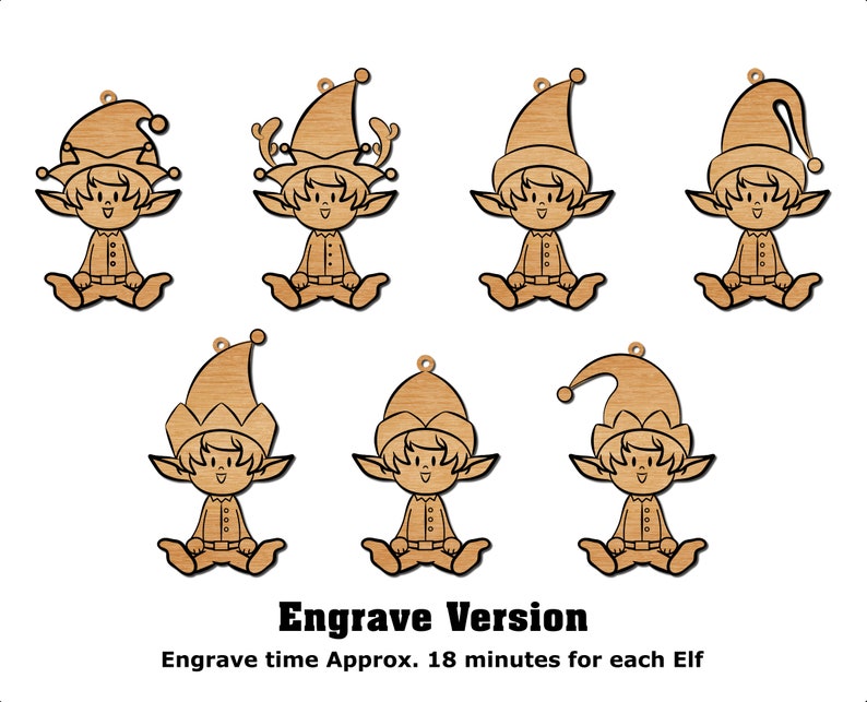 Christmas Elf Ornaments Laser Cut File, 7 Different Designs Each With Score Engraving Version of ...