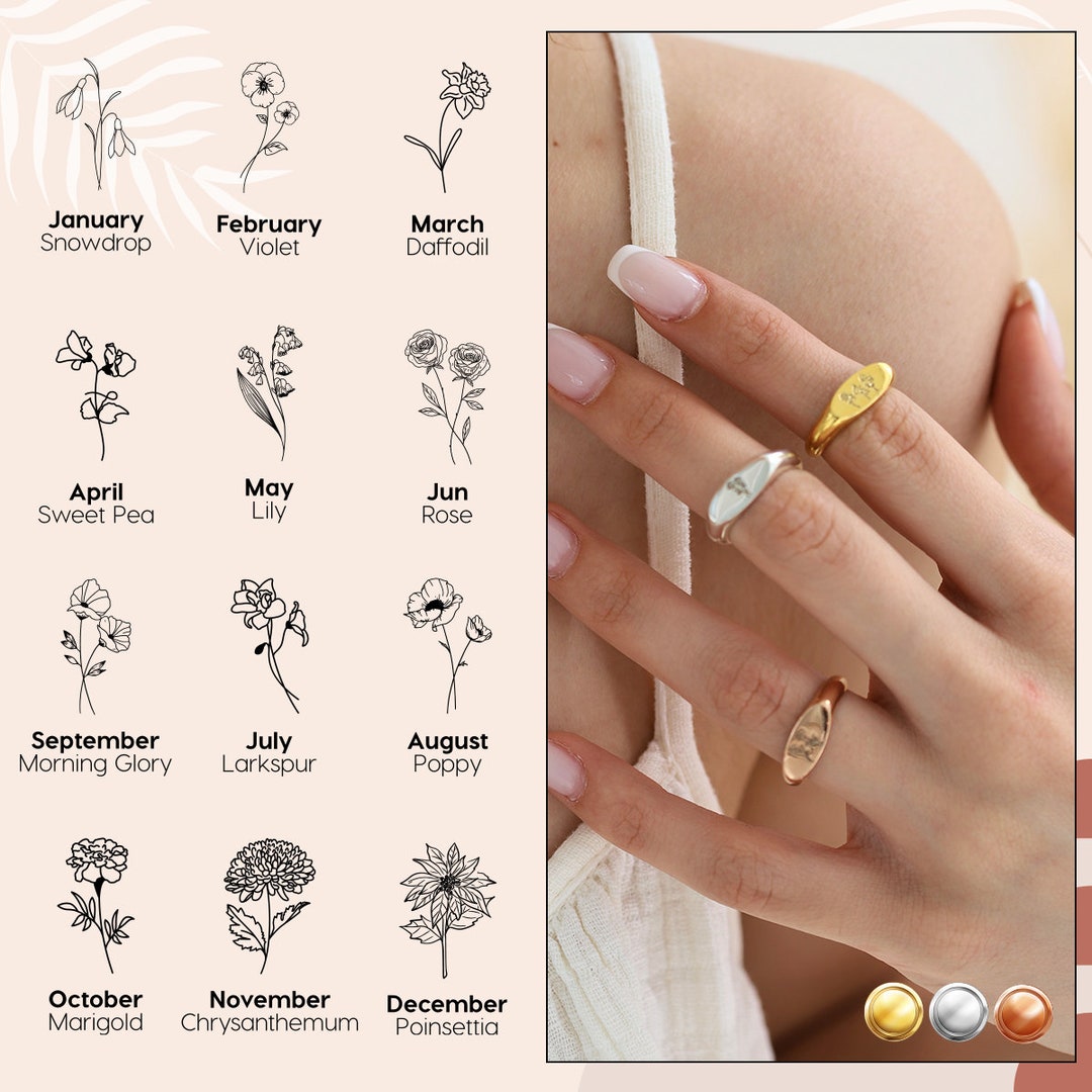 Oval Birth Flower Ring, Mothers Day Gift, Birth Month Flower Ring ...