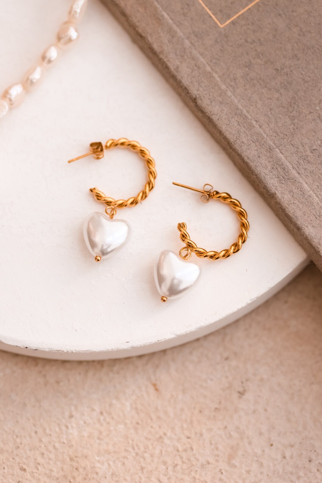 Stud Pearl Earrings 18K Gold Heart Shape Hoop Earrings - Etsy
