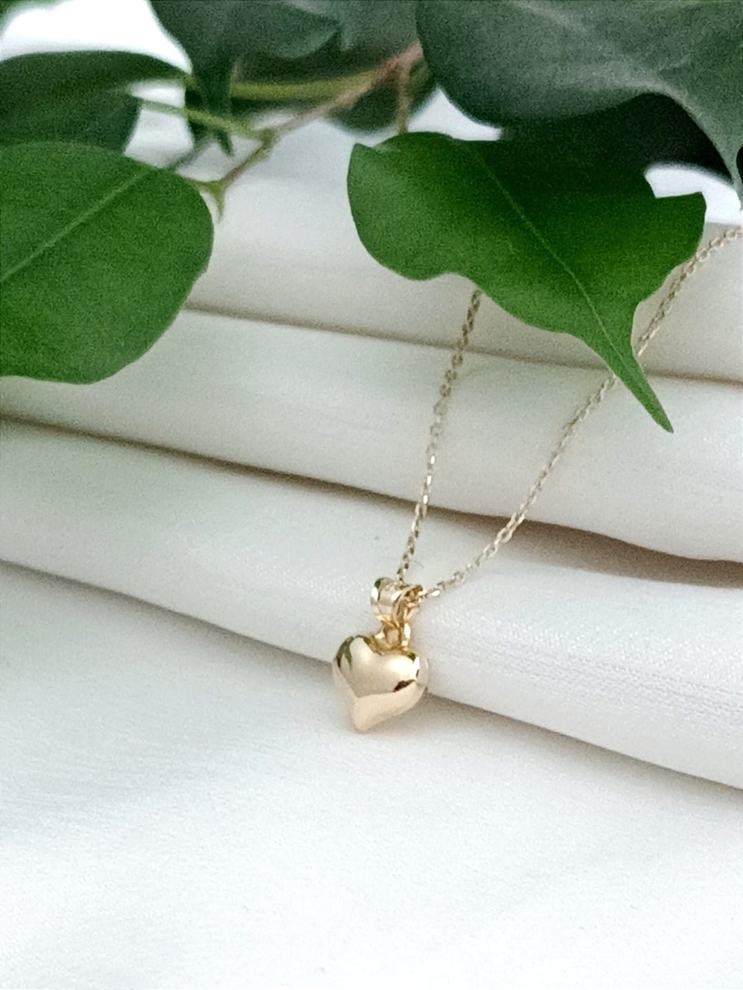 14K Solid Gold Puffed Heart Necklace: Dainty Love Pendant - Etsy