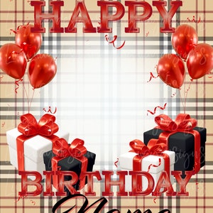 Tan Red Black Plaid Happy Birthday Background Presents Balloons PNG Add ...