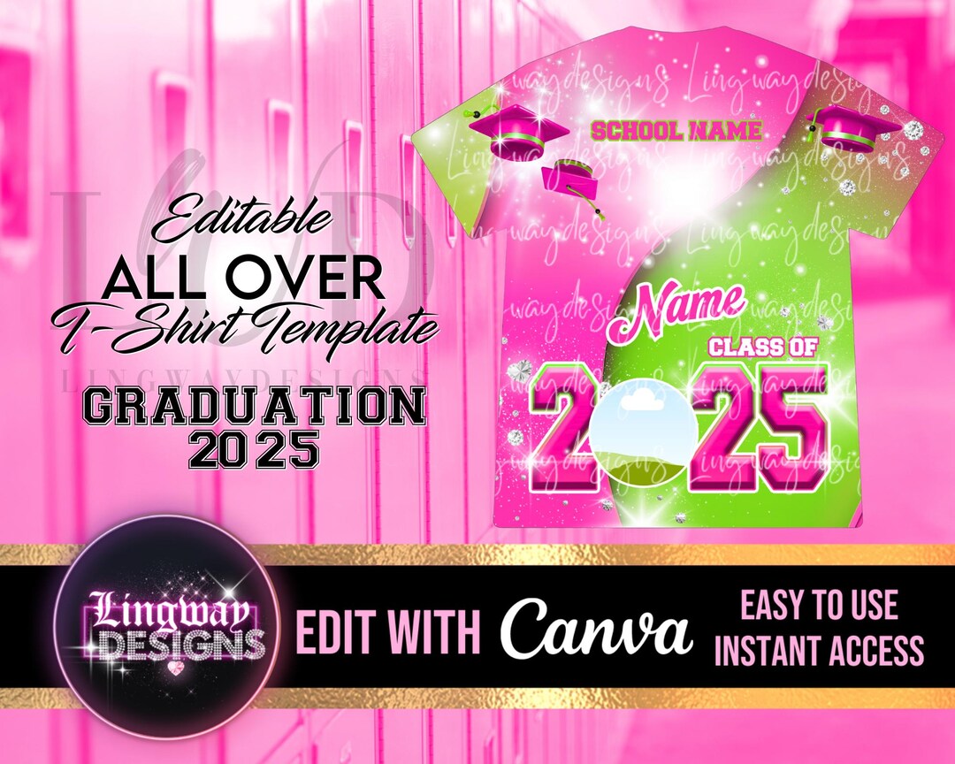 Fuchsia Pink Lime Green Class of 2025 Graduation All Over 3D Editable ...