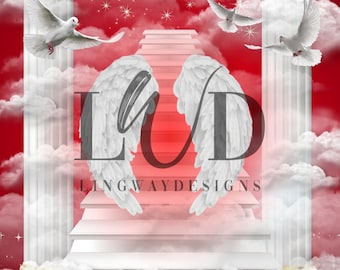 Red Heavens Stairway in Loving Memory Angel Wings Memorial Background ...