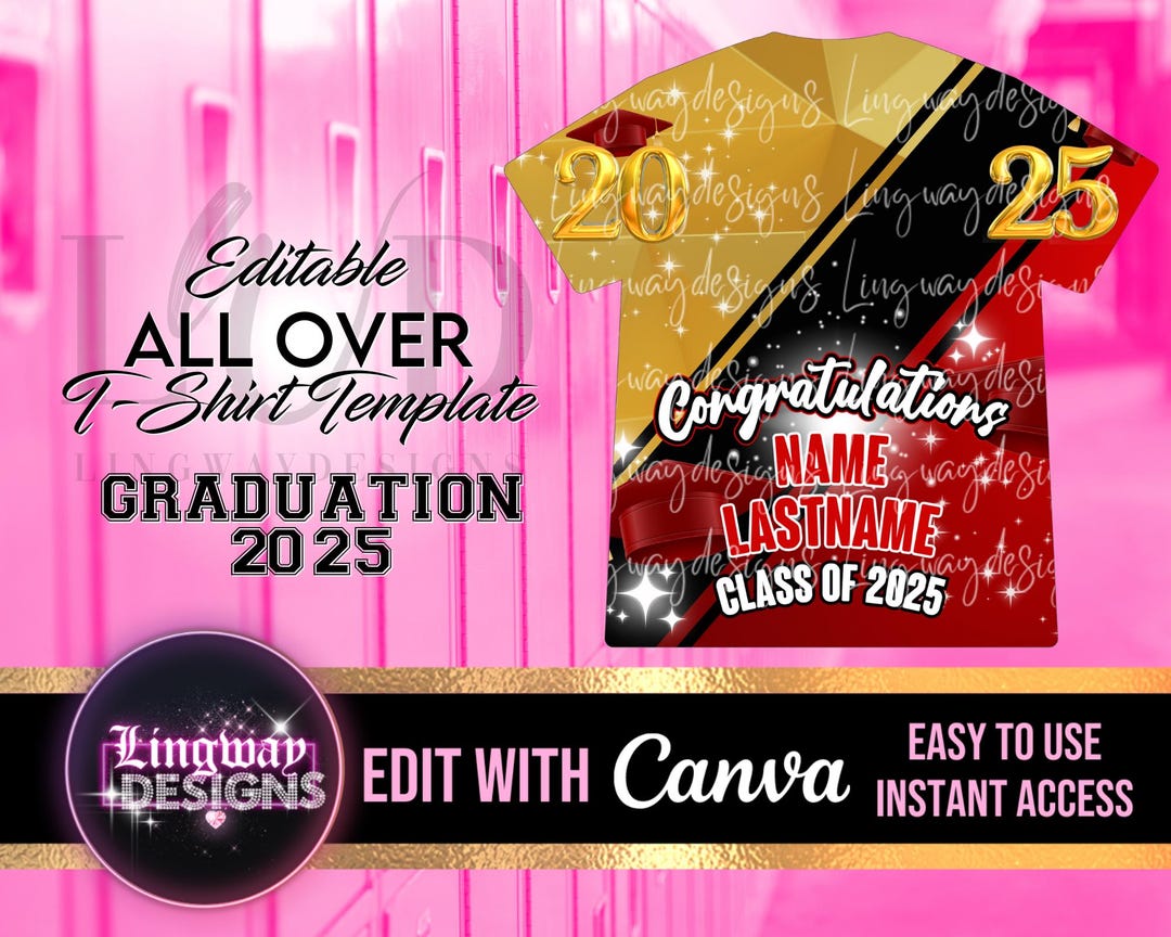 Red Gold Black Class of 2025 Graduation All Over 3D Editable Template ...