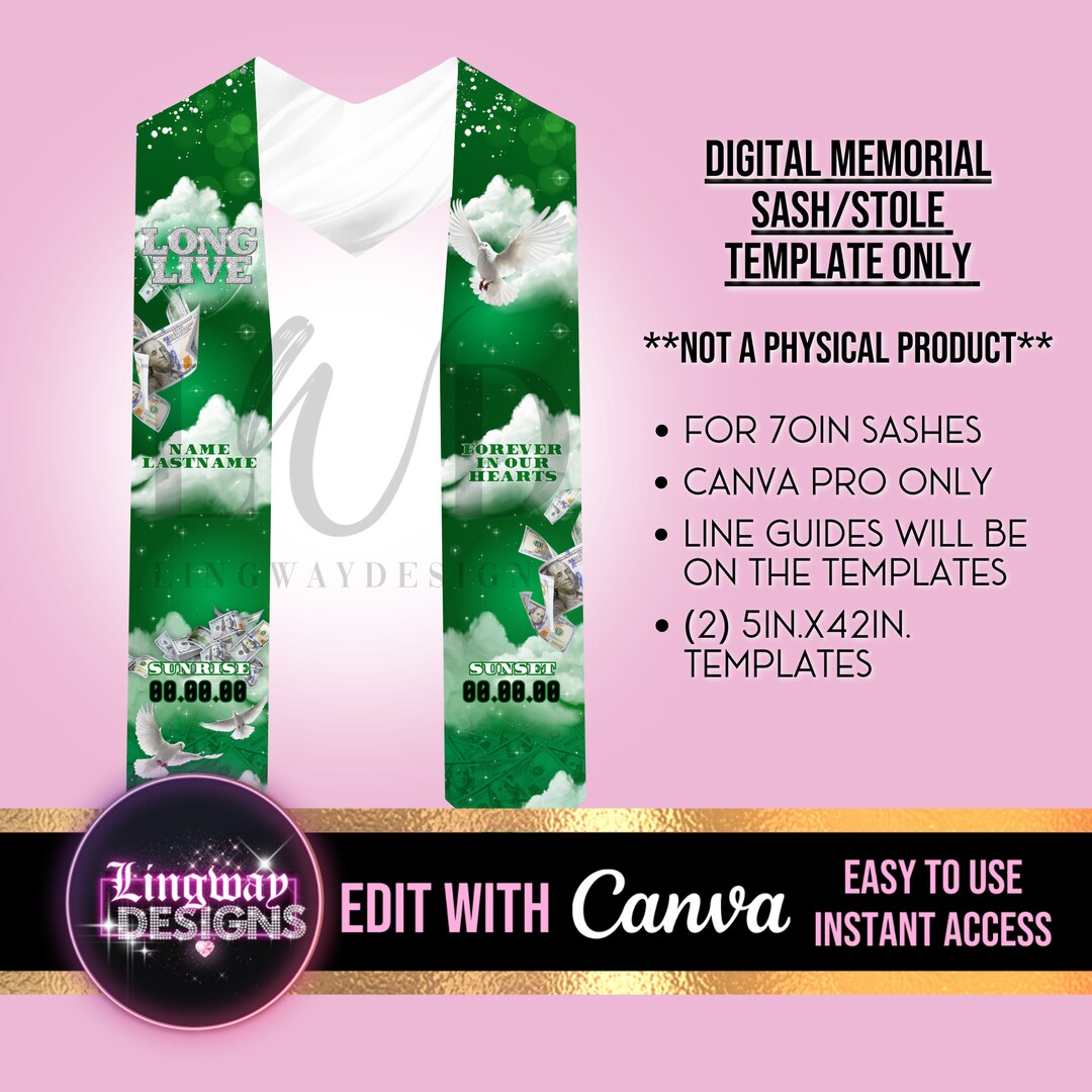 Green Long Live Memorial Sash Stole Template Keepsake Funeral Favors ...