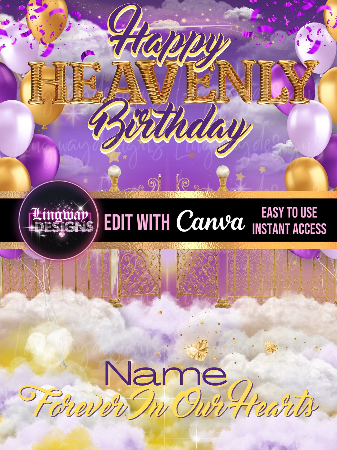 Purple Yellow Happy Heavenly Birthday Gates Angel Memorial Balloons PNG ...