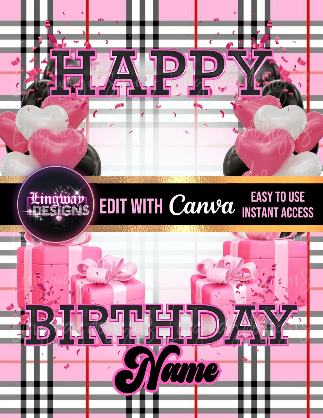 Pink Black Red Plaid Happy Birthday Editable Background Presents ...
