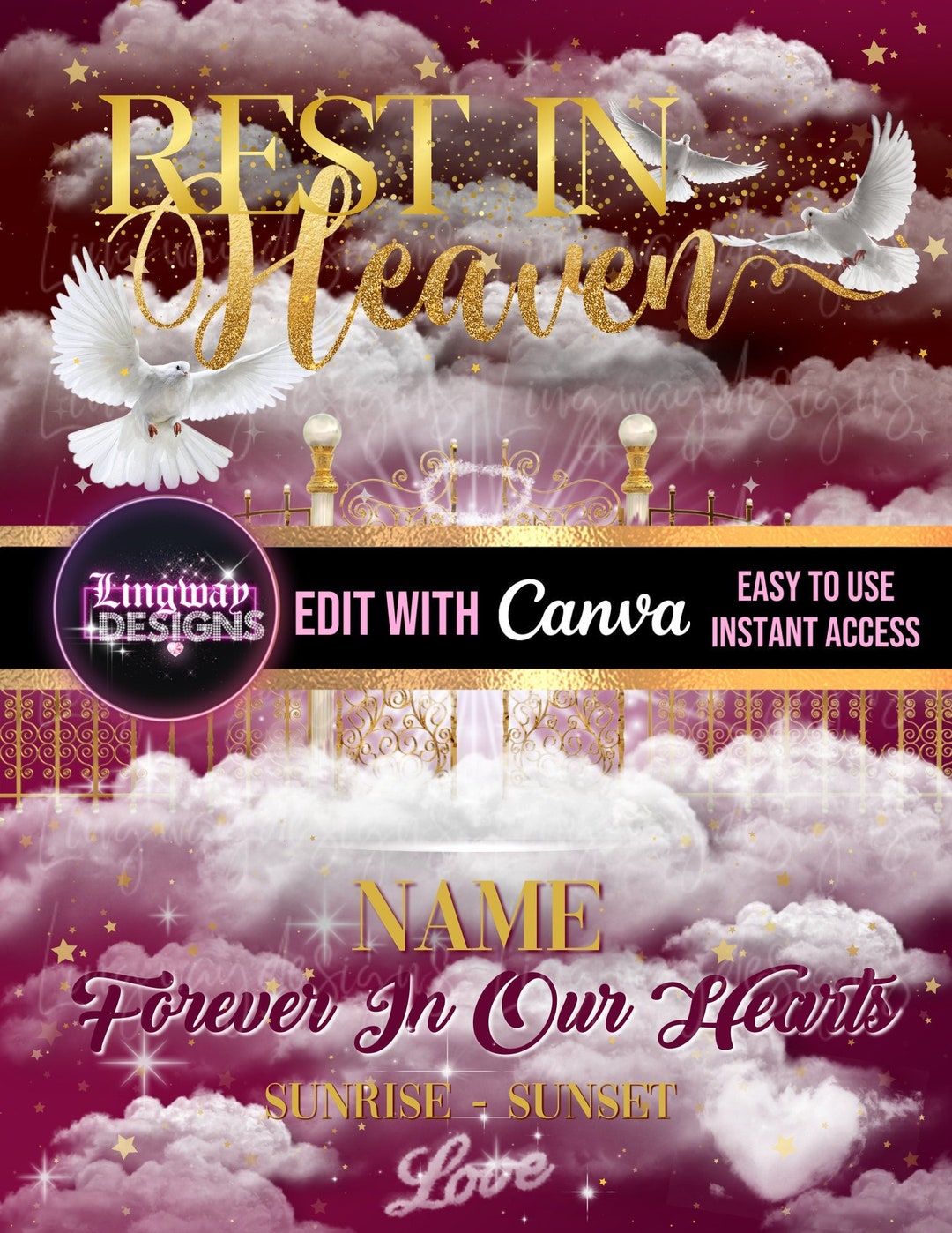Burgundy Gold Rest in Heaven Gate Forever in Our Hearts Angel Memorial ...