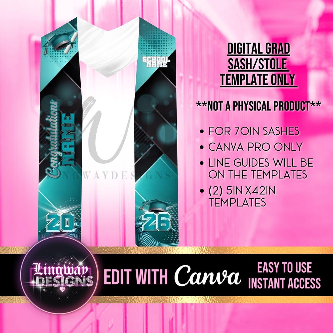 Teal Grey Silver Graduation 2026 Stole Template Grad Sash ...