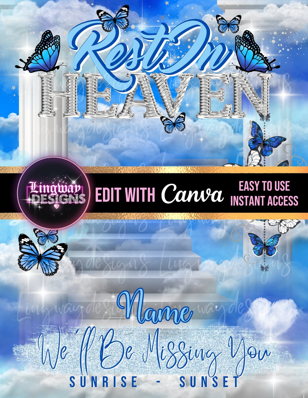 Blue Silver Rest in Heaven Stairs Butterflies Missing You Angel ...