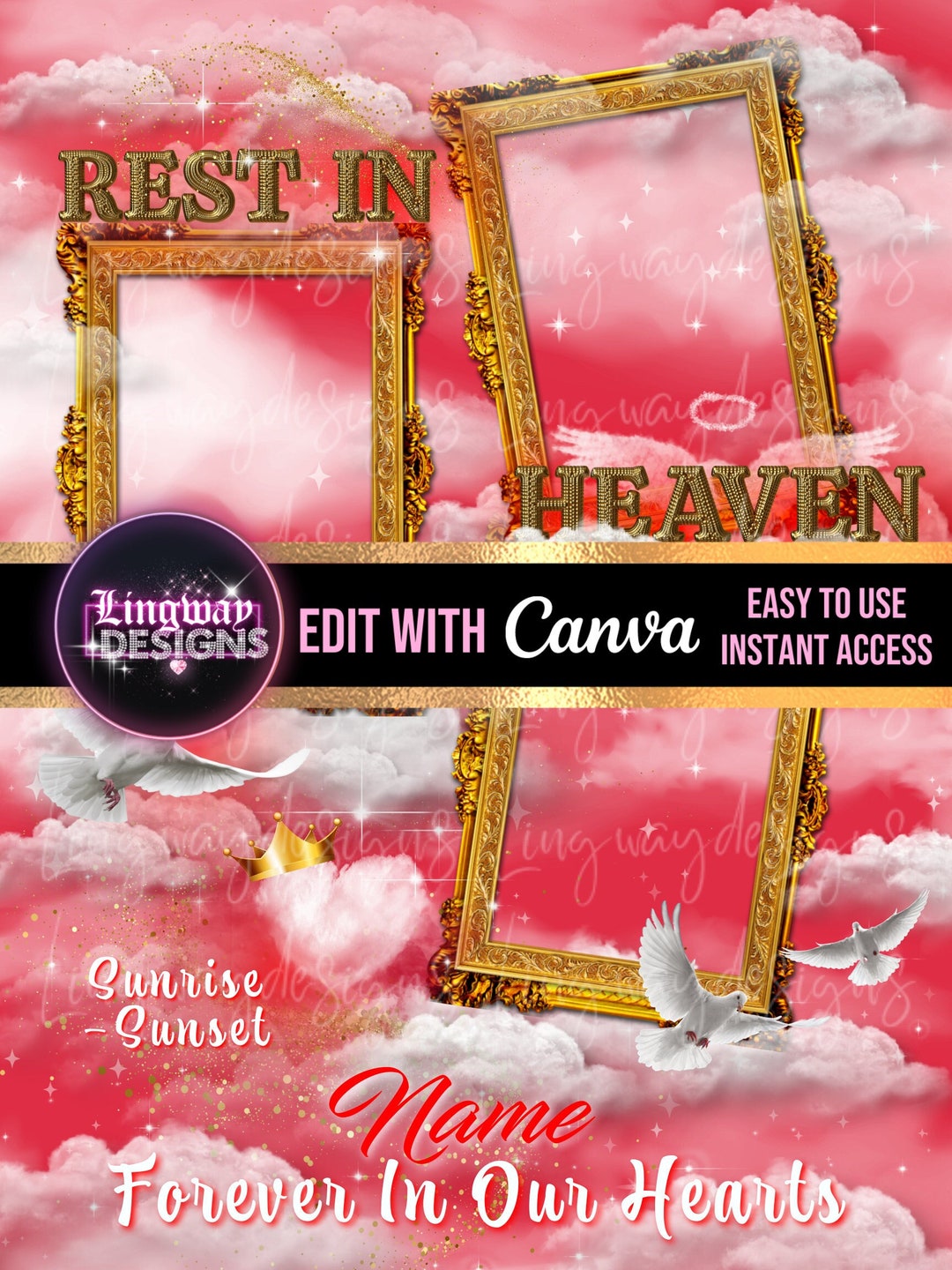 Red Sky Gold Frames Rest in Heaven Doves Angel Wings Memorial PNG Add ...