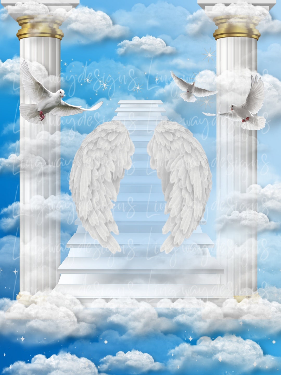 Sky Blue Heavens Stairway Angel Wings Memorial Background PNG Add Photo ...