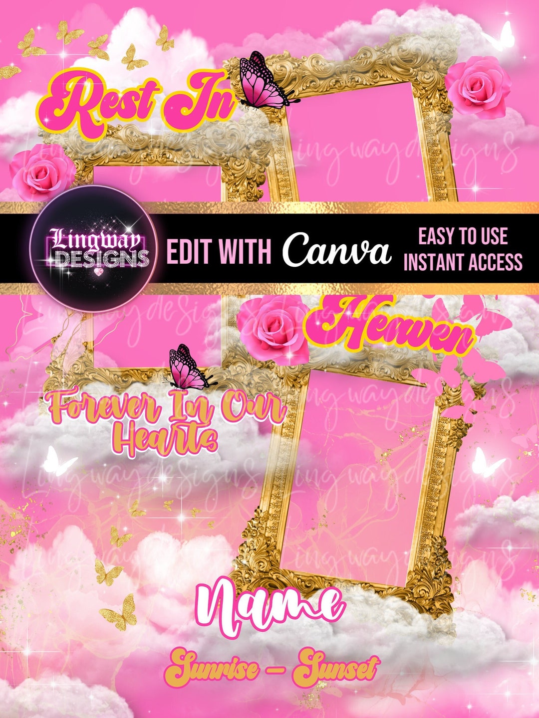 Pink Gold Frames Rest in Heaven Butterflies PNG Add Photo Rest in Peace ...