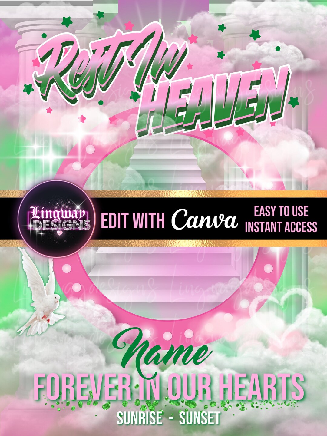 Green Pink Rest in Heaven Stairs Forever in Our Hearts Angel Memorial ...