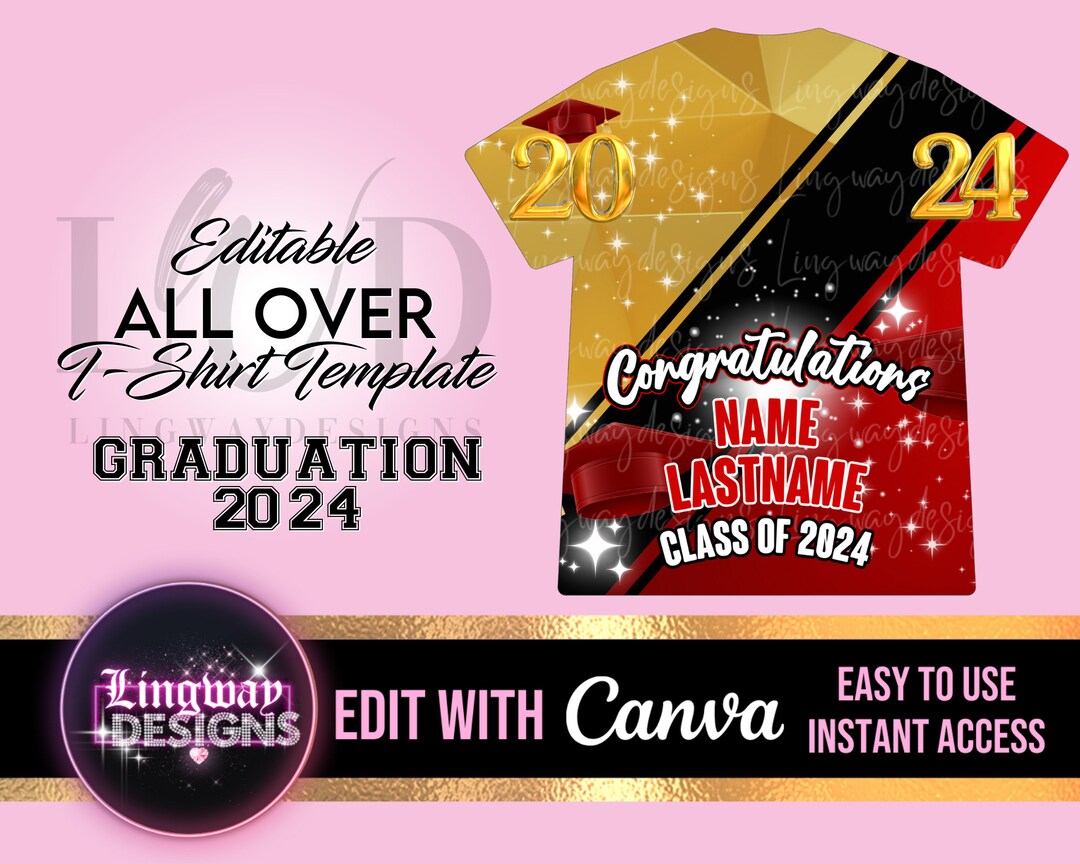 Red Gold Black Class of 2024 Graduation All Over 3D Editable Template ...