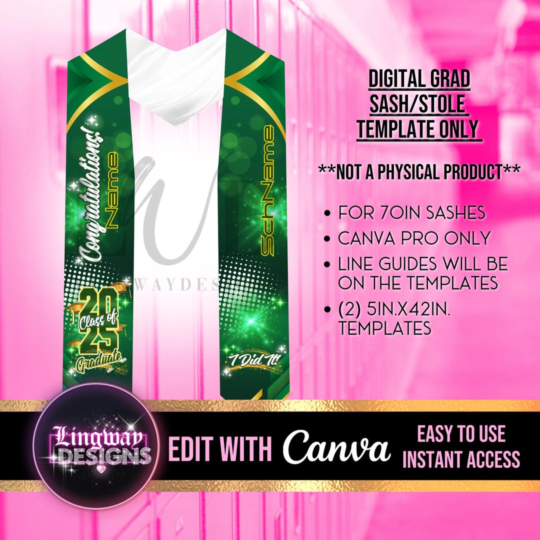 Green Yellow Graduation 2026 Stole Template Grad Sash Congratulations ...
