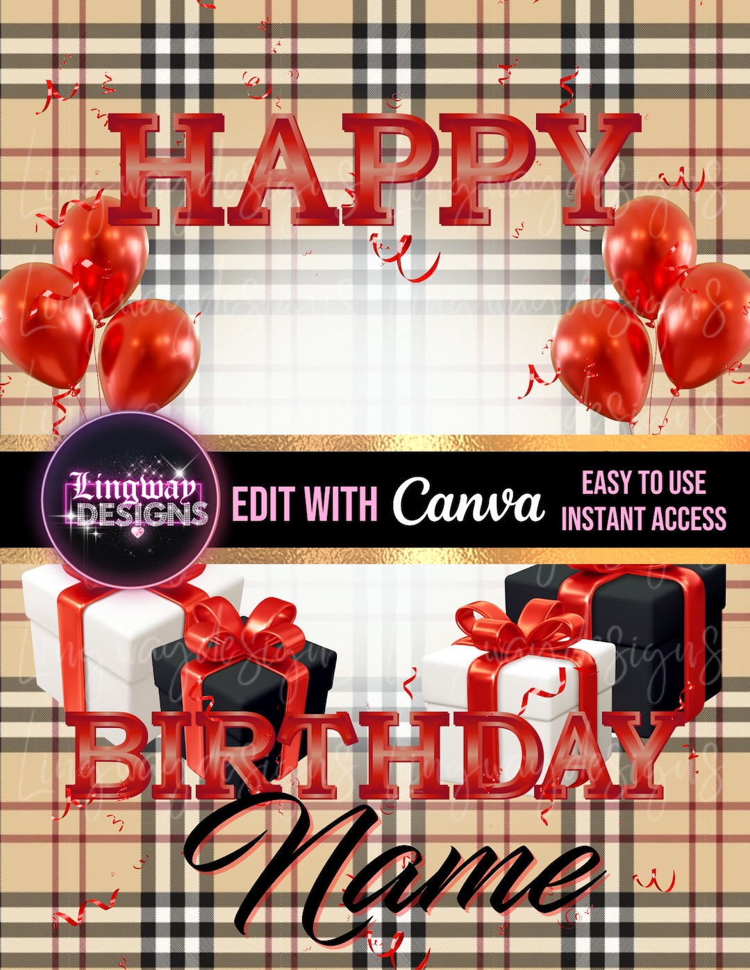 Tan Red Black Plaid Happy Birthday Background Presents Balloons PNG Add ...