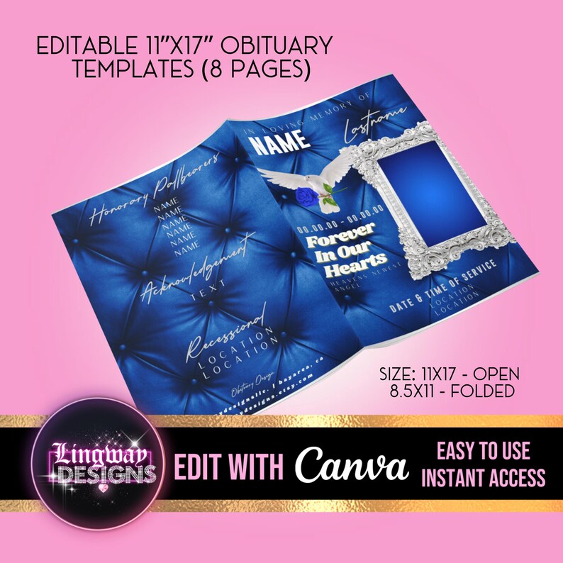 Blue Silver in Loving Memory 8 Page Obituary Template Memorial Funeral ...