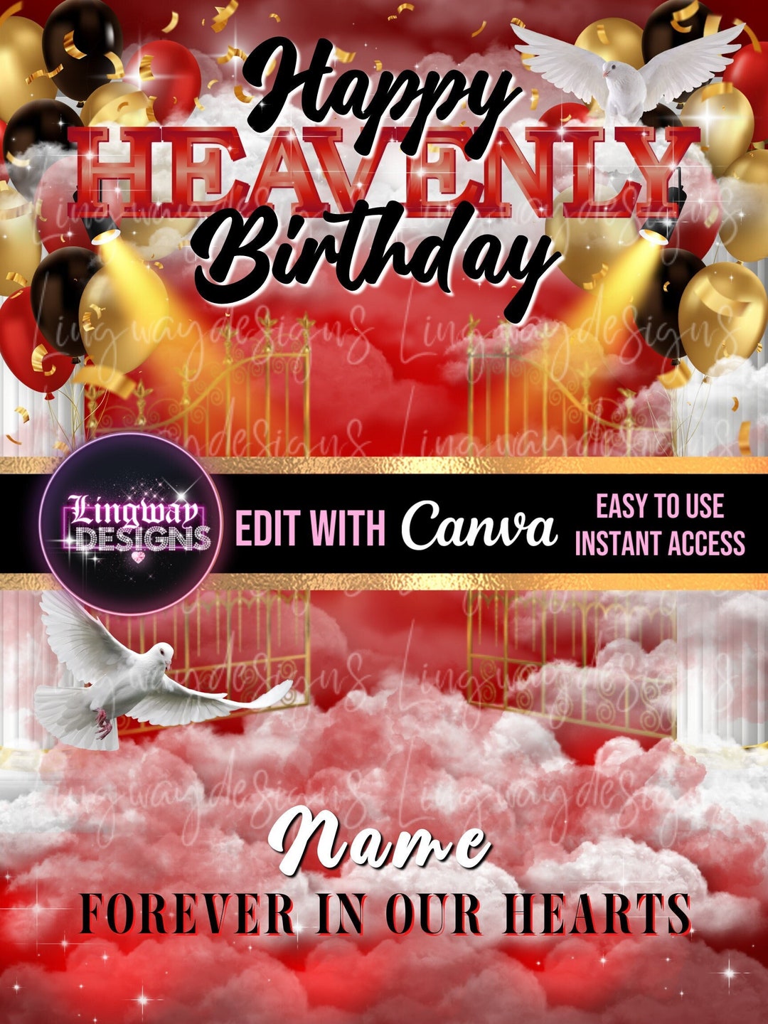 Red Gold Black Heavenly Birthday Balloons Gate Angel Memorial PNG Add ...