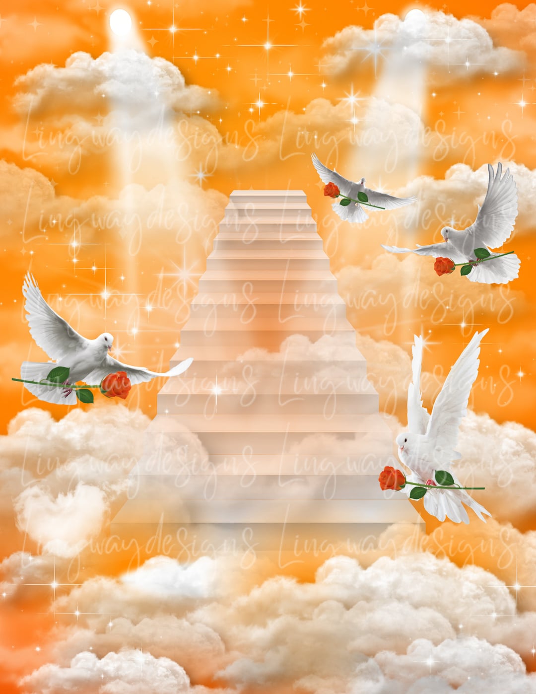 Orange Sky Heavens Stairway Doves Roses Background Instant Download PNG ...