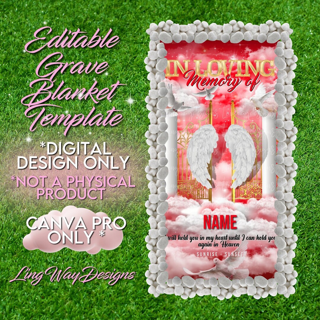 Red Gold Heaven Gates in Loving Memory Grave Blanket Editable Template ...