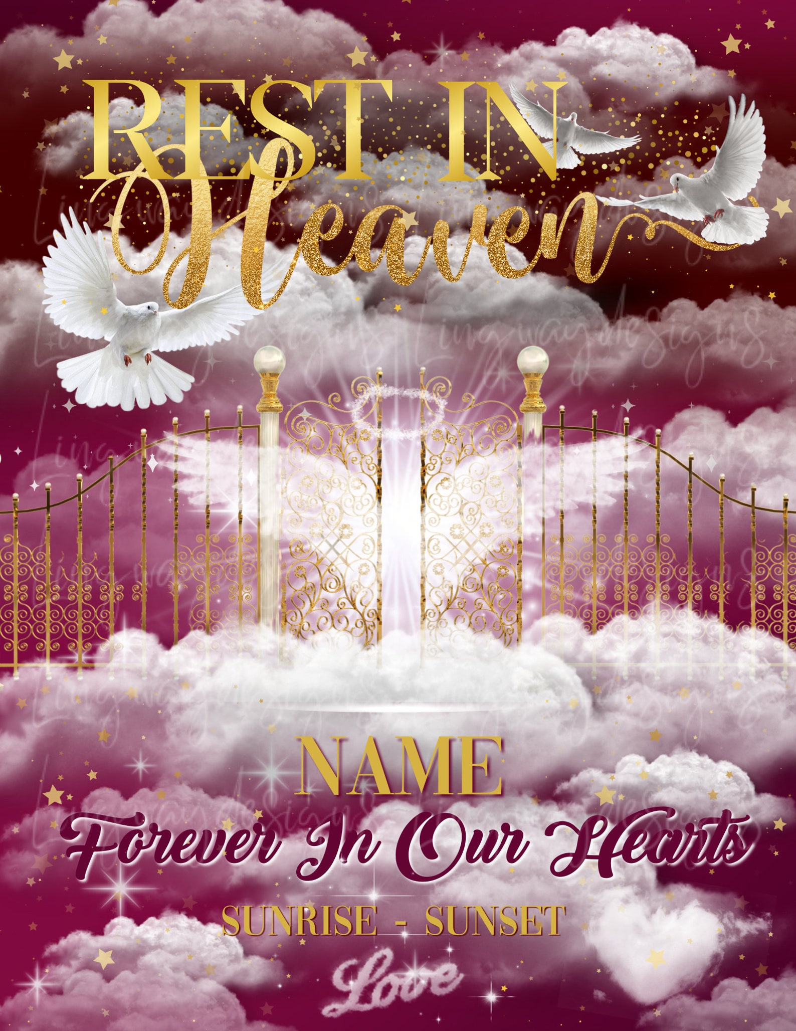 Burgundy Gold Rest in Heaven Gate Forever in Our Hearts Angel Memorial ...