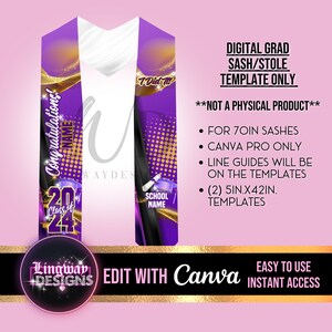 Purple Gold Graduation 2024 Stole Template Grad Sash Congratulations ...
