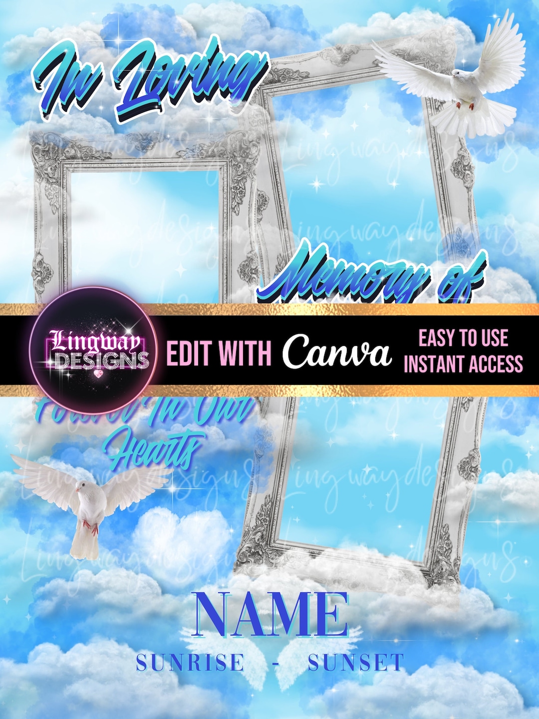 Sky Blue Sky Silver Frames in Loving Memory Doves Angel Wings Memorial ...