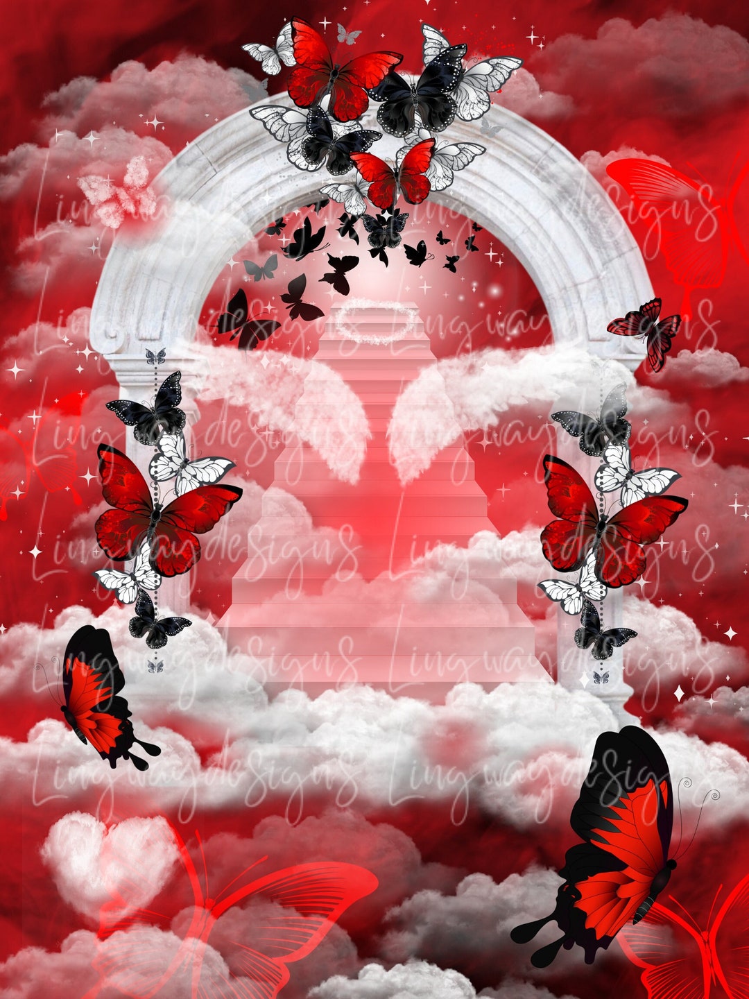 Red Black Butterflies Heaven Stairway Angel Wings Memorial Background ...