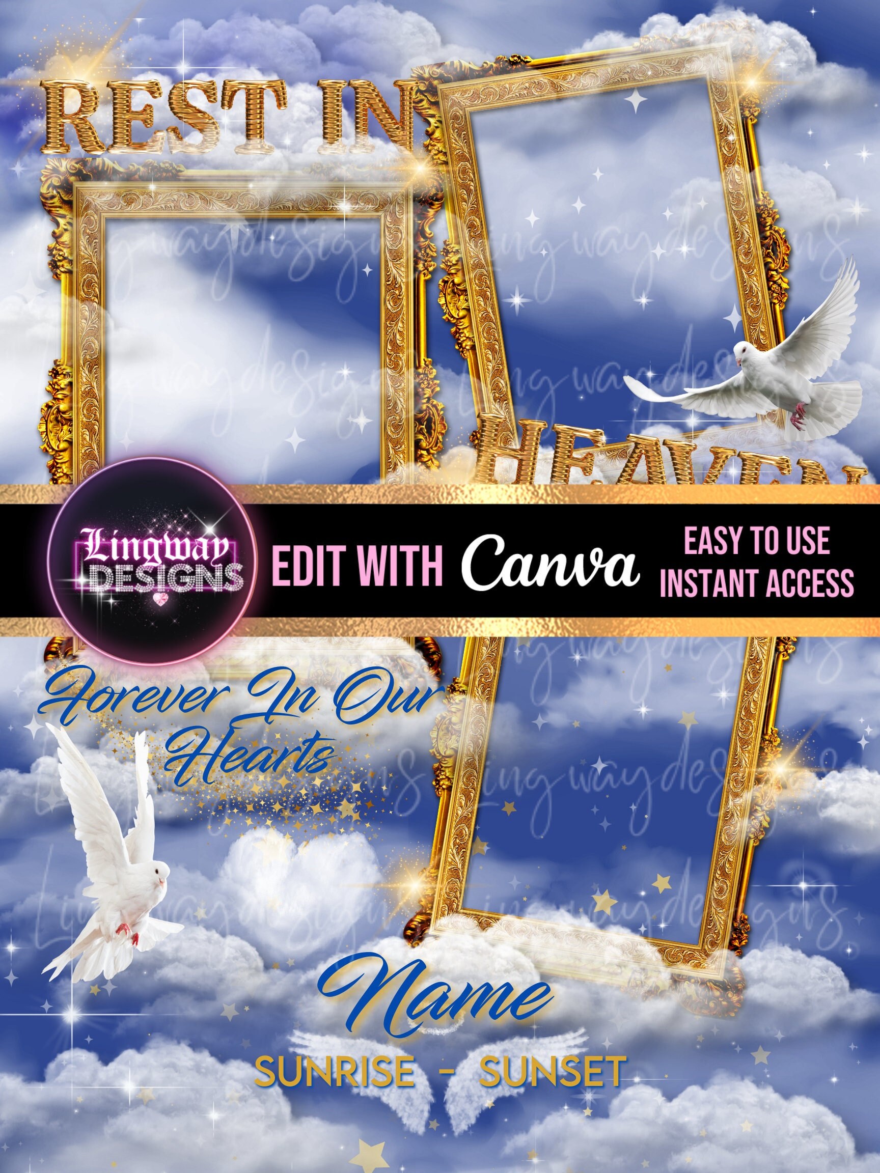 Blue Sky Gold Frames Rest in Heaven Doves Angel Wings Memorial PNG Add ...