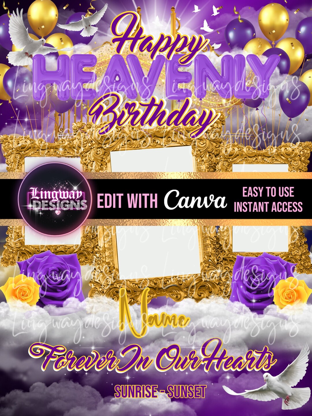 Purple Yellow Happy Heavenly Birthday Gold Frames Forever in Our Hearts ...