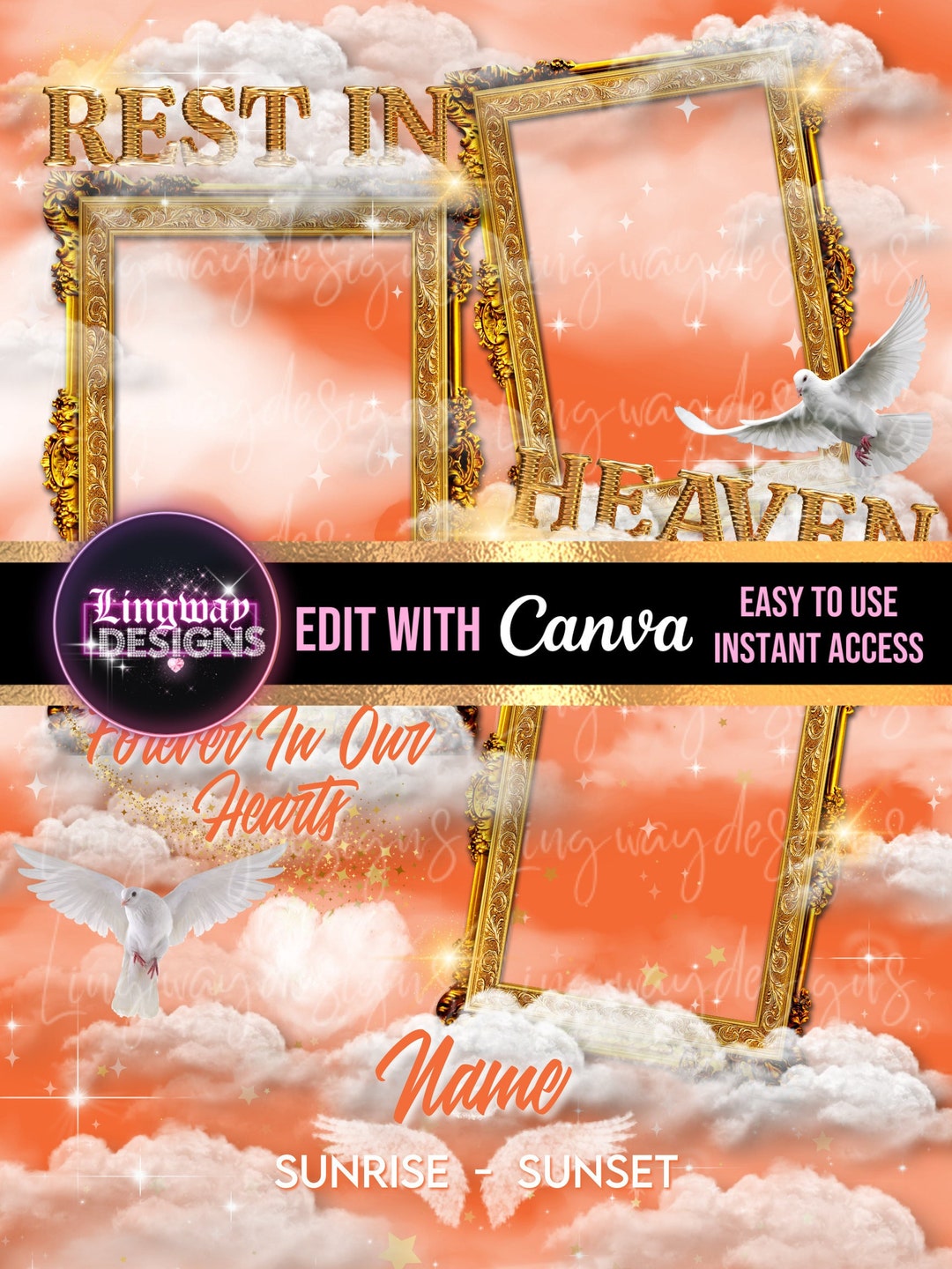 Orange Sky Gold Frames Rest in Heaven Doves Angel Wings Memorial PNG ...