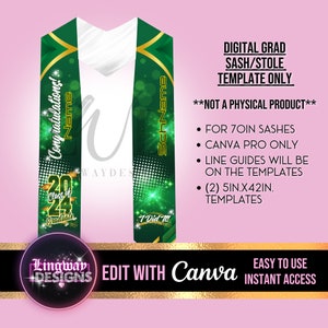 Green Yellow Graduation 2024 Stole Template Grad Sash Congratulations ...