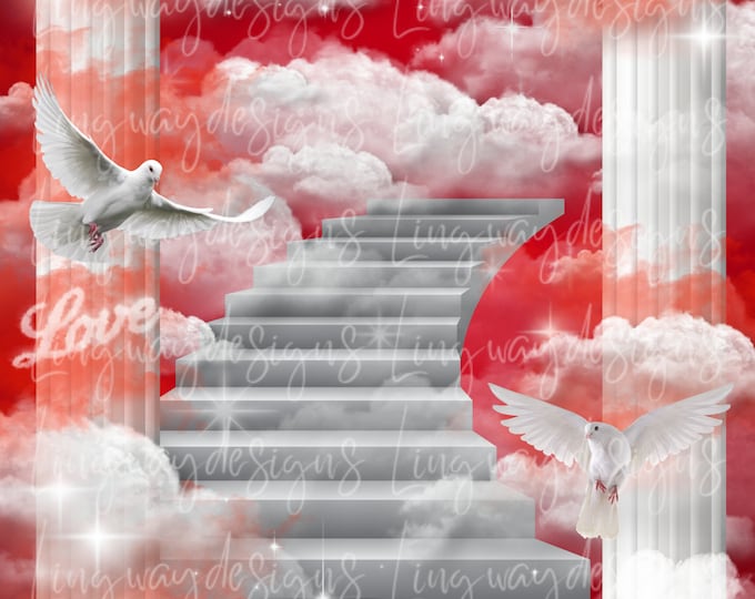 Red Memorial Background With Stairs and Angel Wings, Large Red Flowers ...
