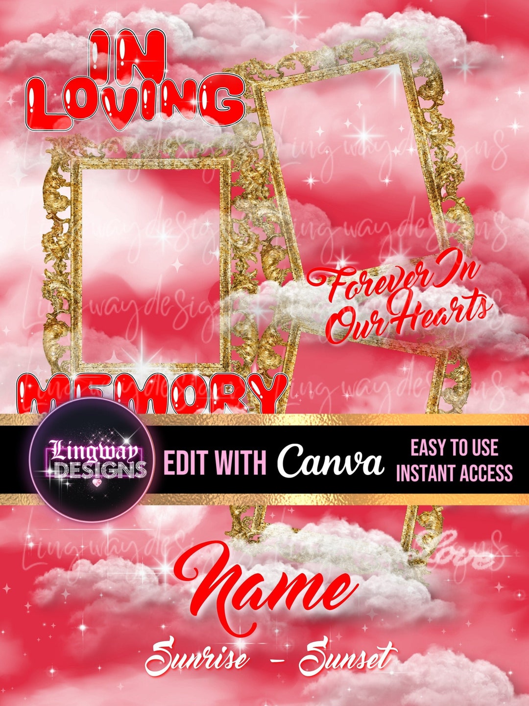 Red Sky Gold Frames in Loving Memory Doves Angel Wings Memorial PNG Add ...